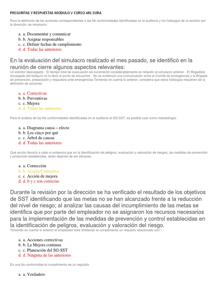 Preguntas y Respuestas Modulo V Curso Arl Sura | PDF | Auditoría | Evaluación