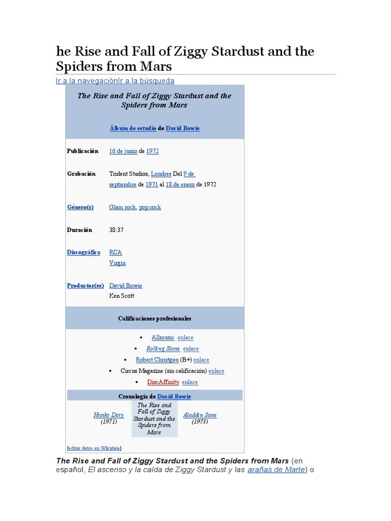 ZIGGY STARDUST SU CAIDA Reseña | PDF | David Bowie | La música rock