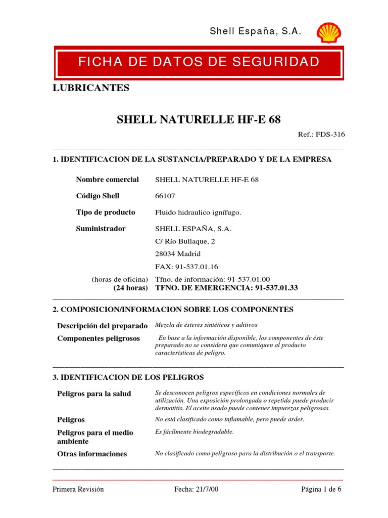 Ficha de Seguridad Shell Naturelle HF-E 68 | PDF | Agua | Residuos