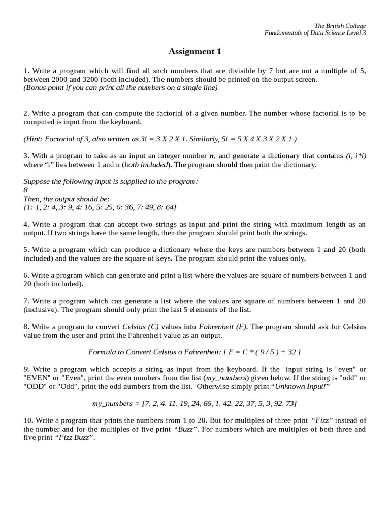 Assignment 1: The British College Fundamentals of Data Science Level 3 | PDF | String (Computer ...
