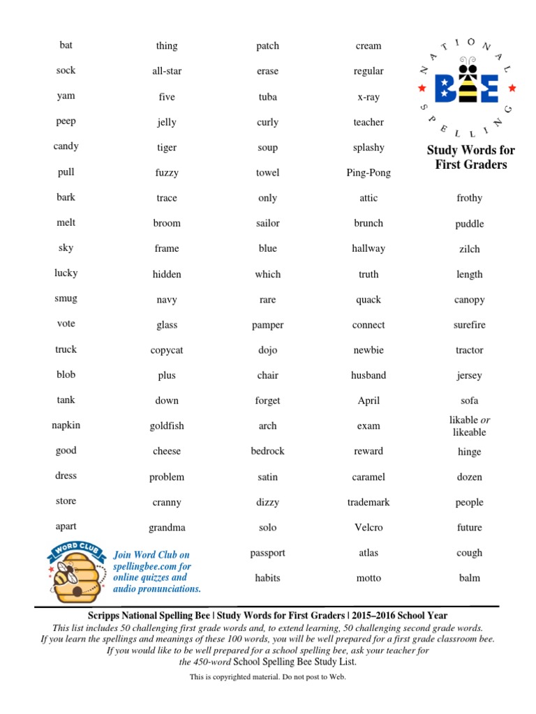 First Grade Spelling Bee Word List | PDF | Spelling