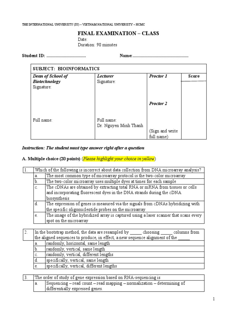 Final Examination - Class | PDF | Dna Microarray | Complementary Dna