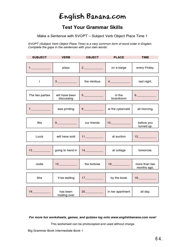 Writing Exercise With Subject Verb Object Place Time | PDF | Object ...