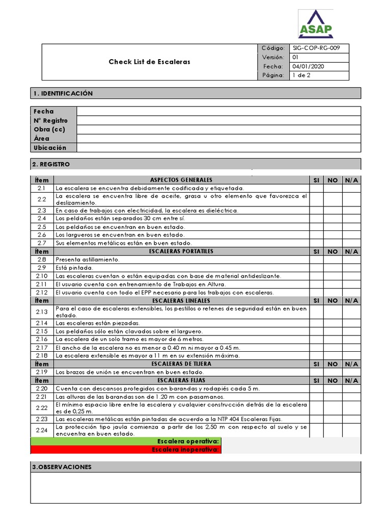 SIG-COP-RG-009 Check List de Escaleras | PDF | Escalera ...