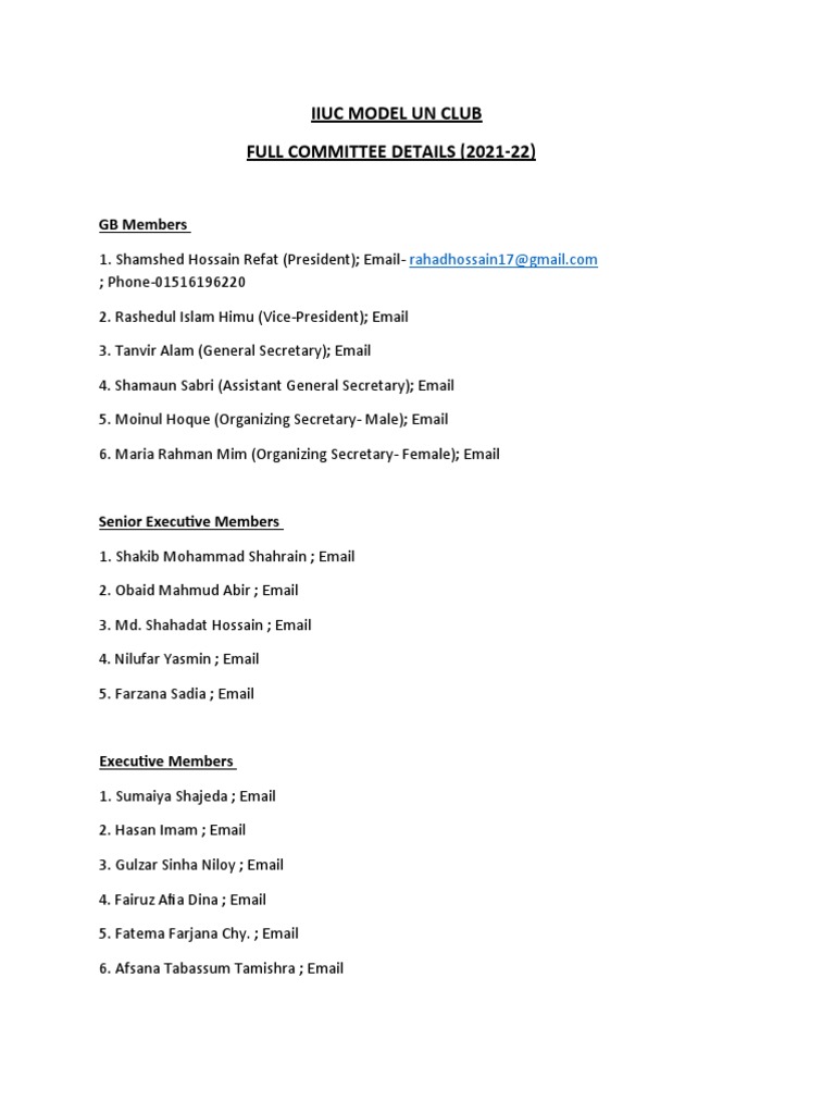 Iiuc Model Un Club Full Committee Details (2021-22) : GB Members | PDF ...