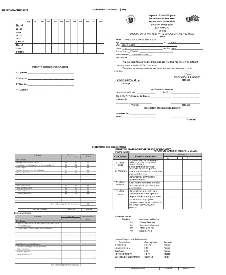 SHS Grade 12 Card Template 2021 | PDF | Learning | Human Nature