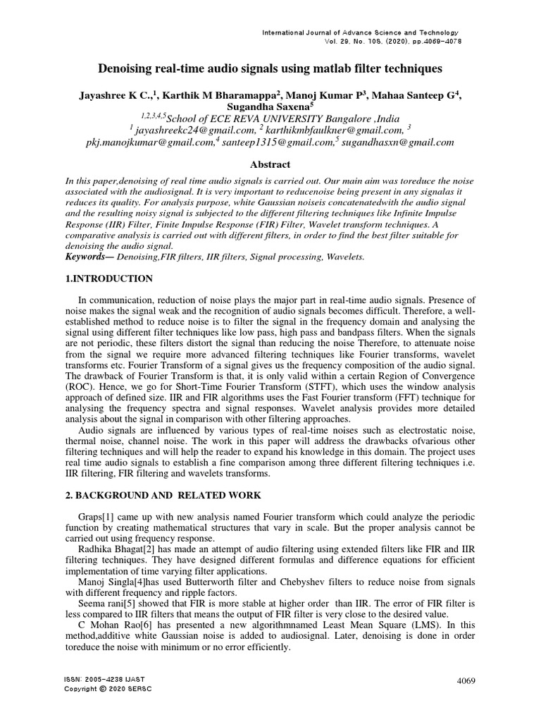 Denoising Real-Time Audio Signals Using Matlab Filter Techniques | PDF | Wavelet | Filter ...