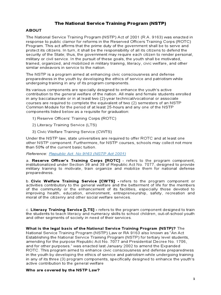 The National Service Training Program | PDF | Reserve Officers ...