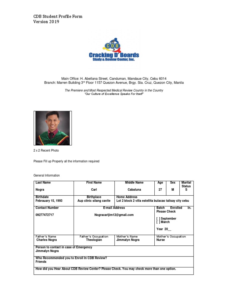 CDB Student Profile Form | Download Free PDF | Psychiatry | Clinical ...