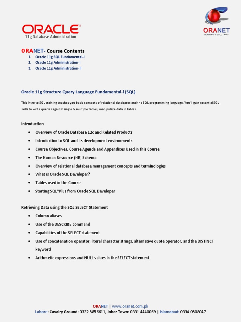 Course Contents: Oracle 11g Structure Query Language Fundamental-L (SQL ...