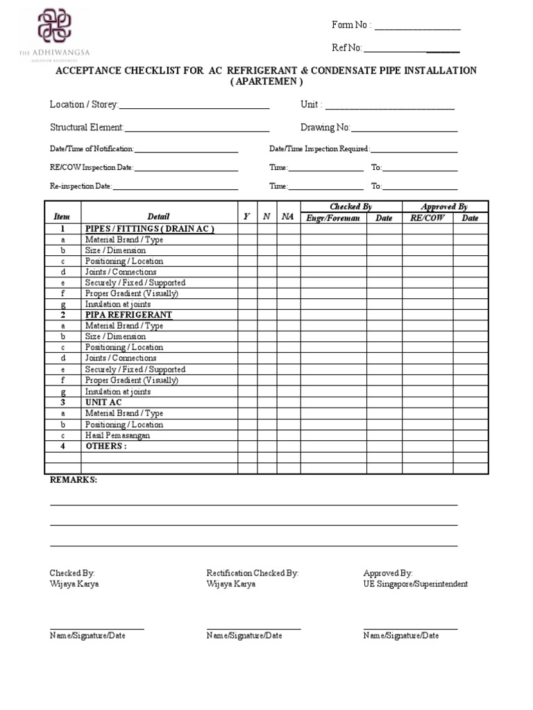 Ceklist Ac Refrigerant Dan Pipa Instalasi Untuk Apartemen | PDF