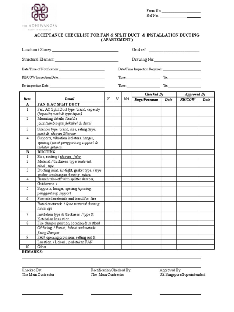 Acceptance Checklist For Fan & Split Duct & Installation Ducting | PDF ...