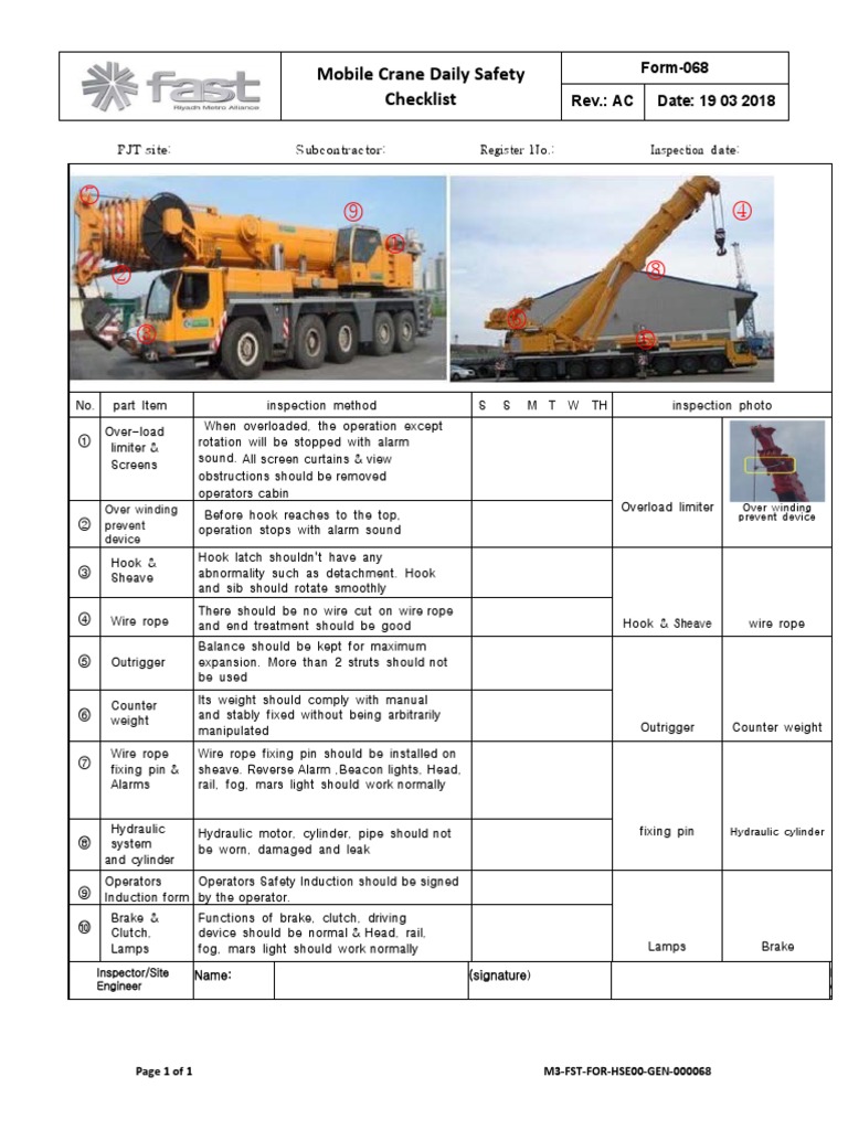 Form-068-Mobile Crane Daily Safety Checklist | Download Free PDF | Crane (Machine ...