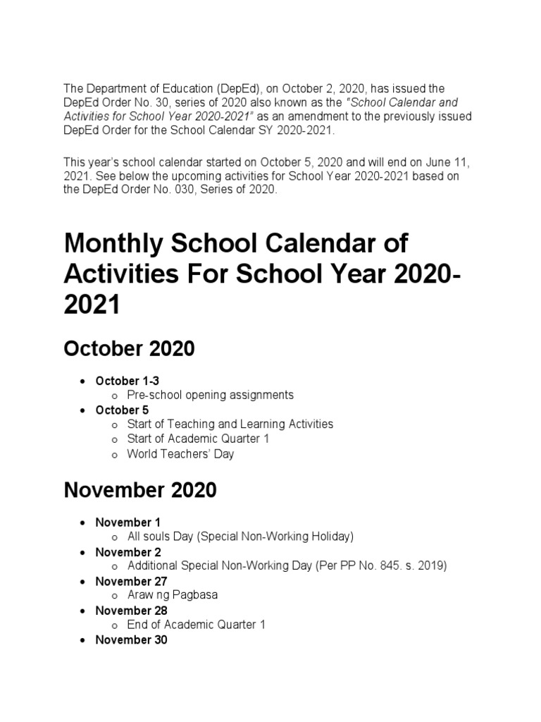 Schedule of Key Dates and Events for the 2020-2021 School Year as ...