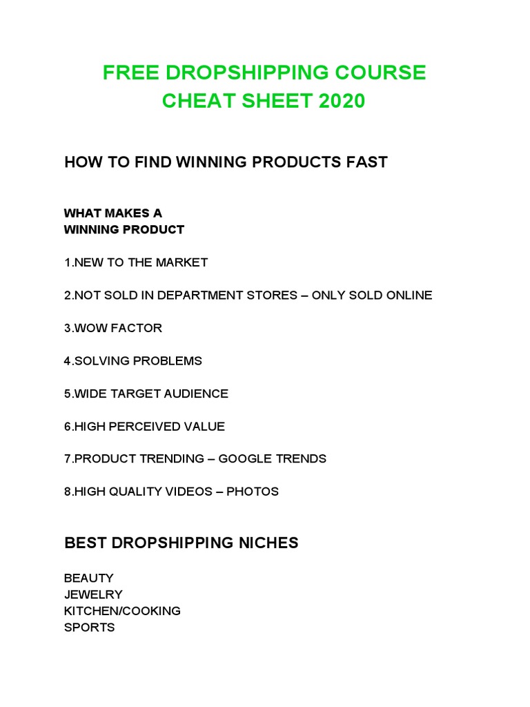 Free Dropshipping Course Cheat Sheet | PDF | Pay Pal | Facebook