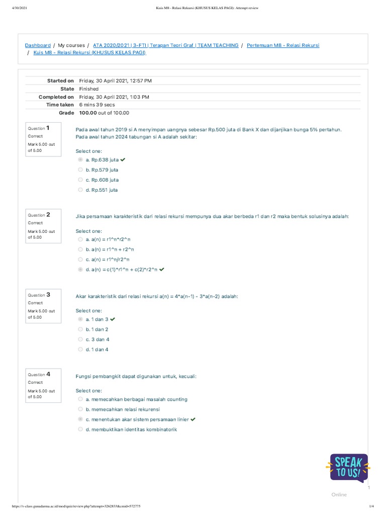 Kuis M8 - Relasi Rekursi (KHUSUS KELAS PAGI) - Attempt Review | PDF