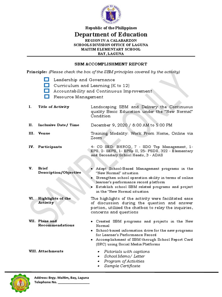 SBM Accomplishment Report | PDF | Behavior Modification | Cognition