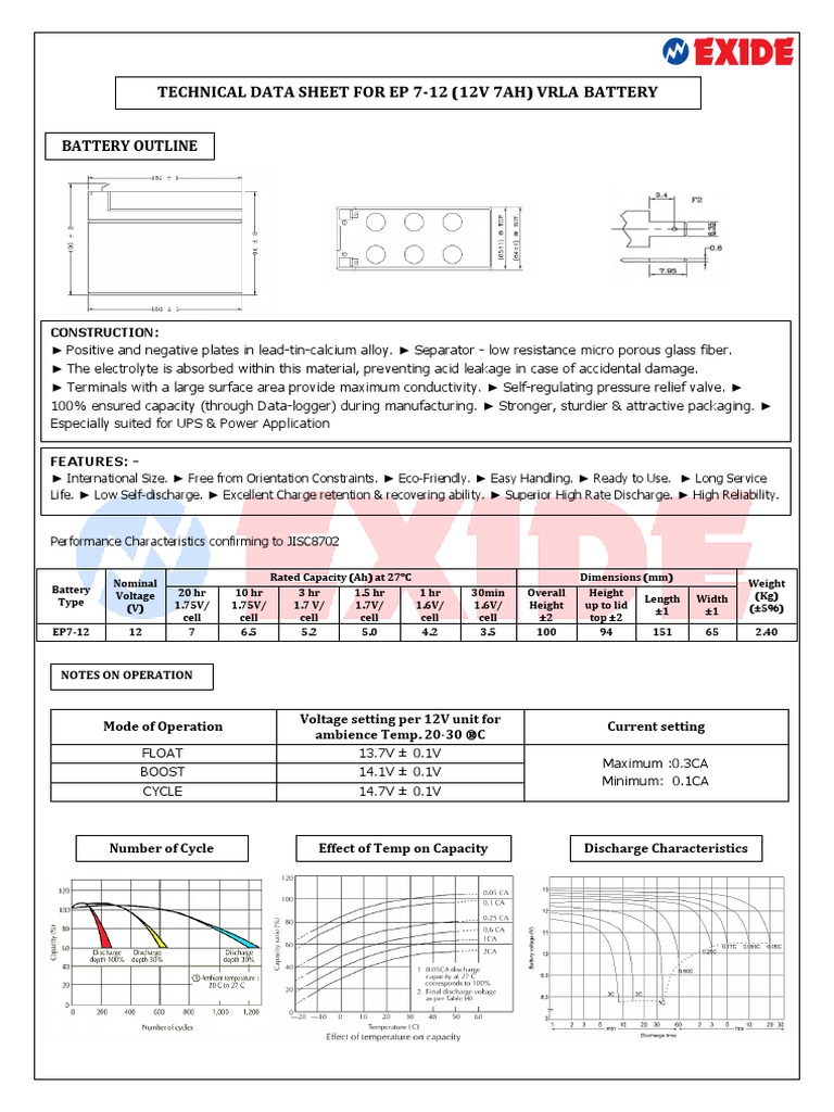 Technical Data Sheet For Ep 7-12 (12V 7ah) Vrla Battery | PDF | Energy Storage | Electricity