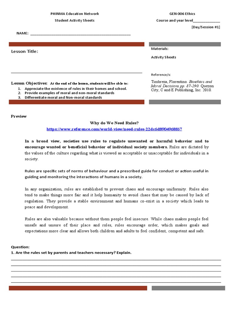 Ethics Student Activity Sheets Day 1 (For Deductive Lesson) | PDF ...