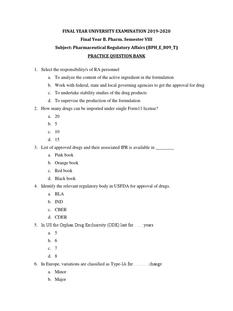 CDoc - Practice Questions For Final Year Sem 8 Regular Batch 2019-20 | PDF | Food And Drug ...