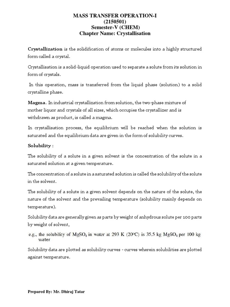Mass Transfer Operation-I (2150501) Semester-V (CHEM) Chapter Name: Crystallisation | PDF ...