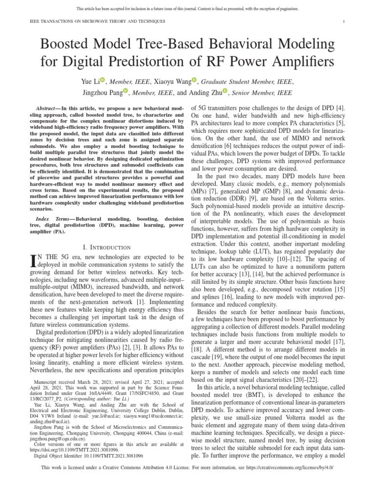 Boosted Model Tree-Based Behavioral Modeling For Digital Predistortion of RF Power Amplifiers ...