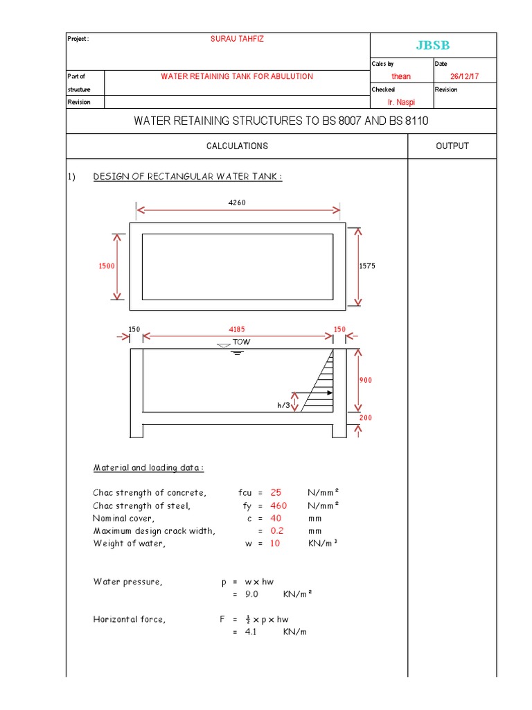 Water Retaining Structures To Bs 8007 and Bs 8110: Calculations Output ...