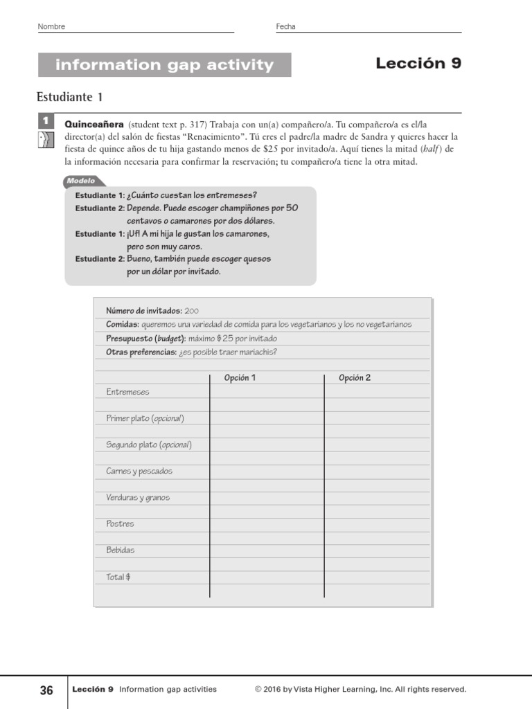 Information Gap Activity: Estudiante 1 | PDF | ensalada | Cocina
