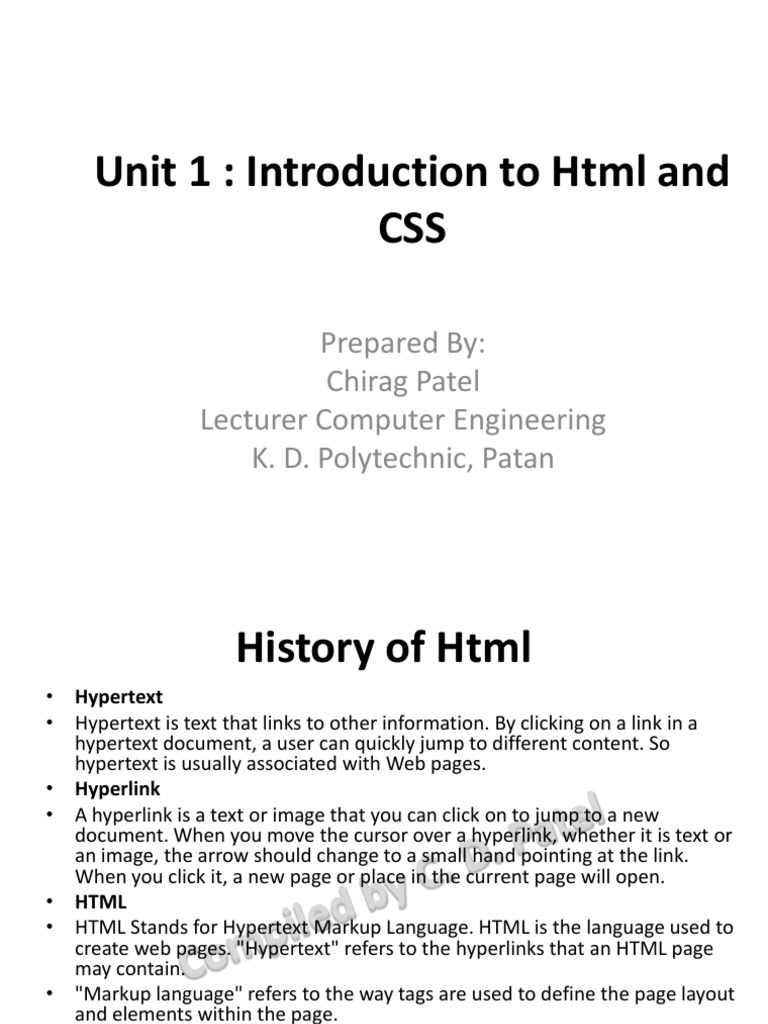 Unit 1: Introduction To HTML and CSS: Prepared By: Chirag Patel Lecturer Computer Engineering K ...
