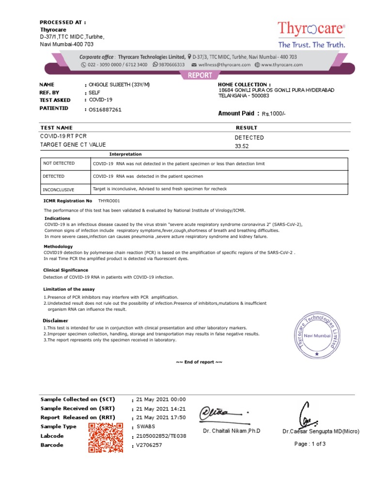 COVID-19 Detected: RT-PCR Test Report for Ongole Sujeeth Showing ...