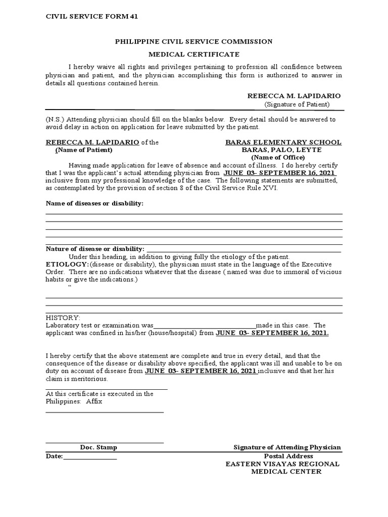 CIVIL SERVICE FORM 41 Medical Certificate | PDF | Health Care | Medicine