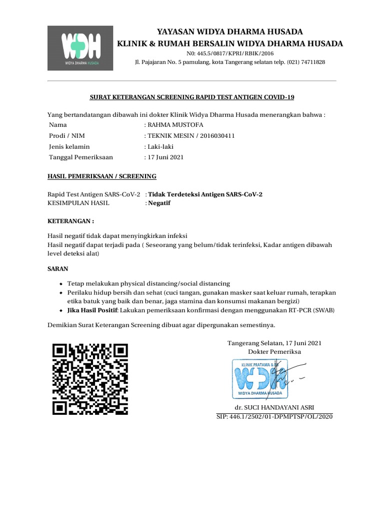 Hasil Rapid Test Antigen 2016030411 - Rahma Mustofa | PDF ...