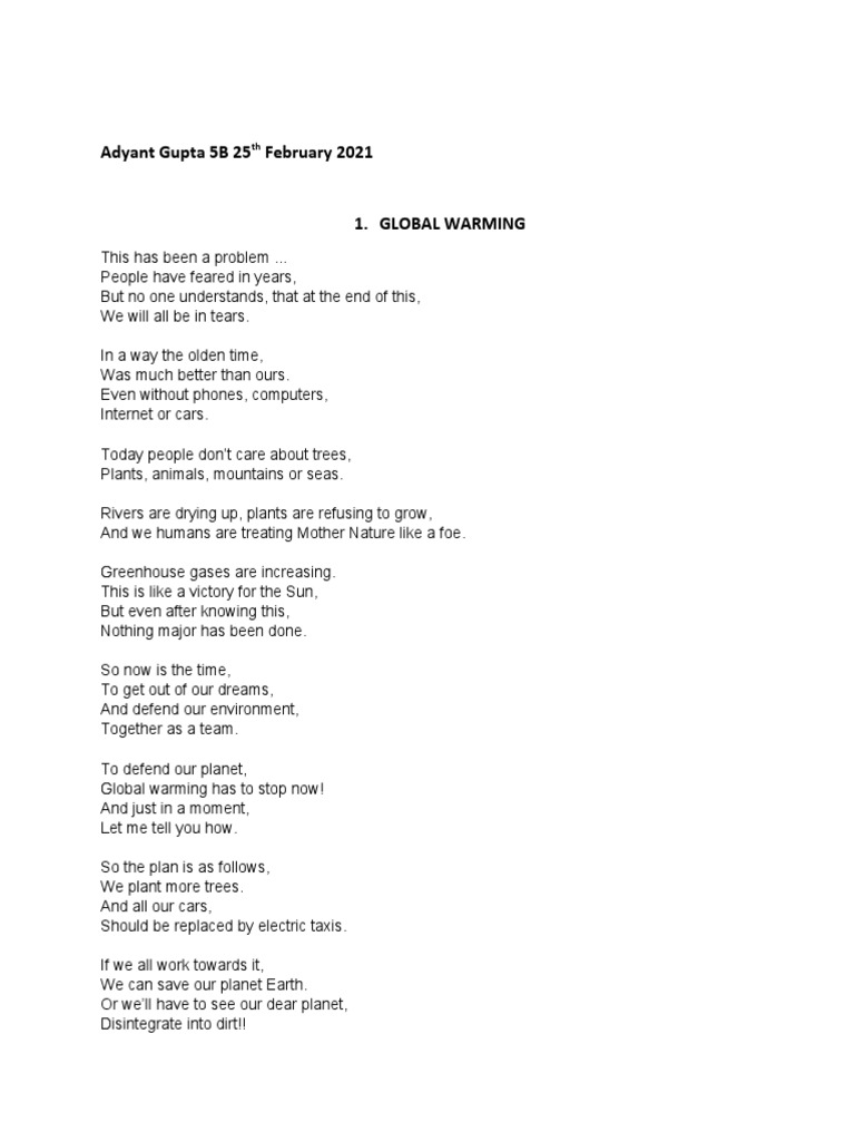 Adyant Gupta 5B Poems | PDF | Climate Change | Natural Environment