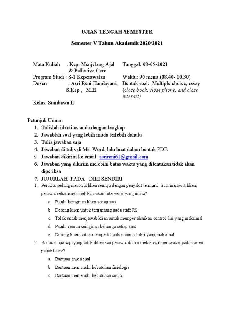 Salinan Soal UTS Keperawatan Menjelang Ajal Dan Paliatif | PDF | Pengembangan Diri | Kesehatan ...