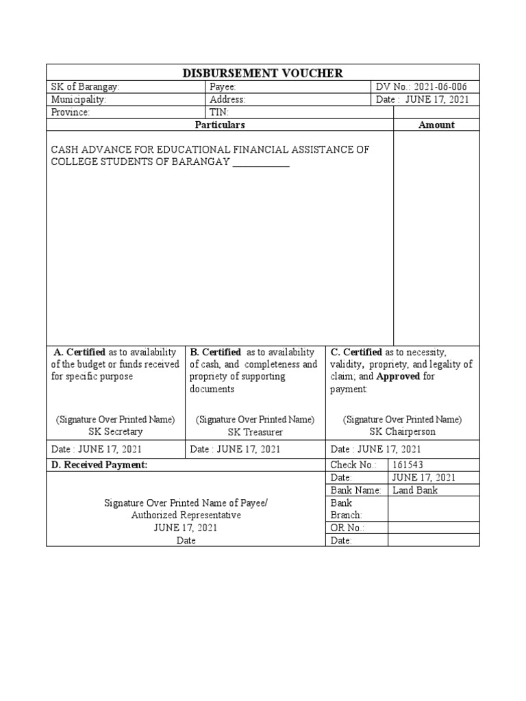 Disbursement Voucher: Particulars Amount | PDF