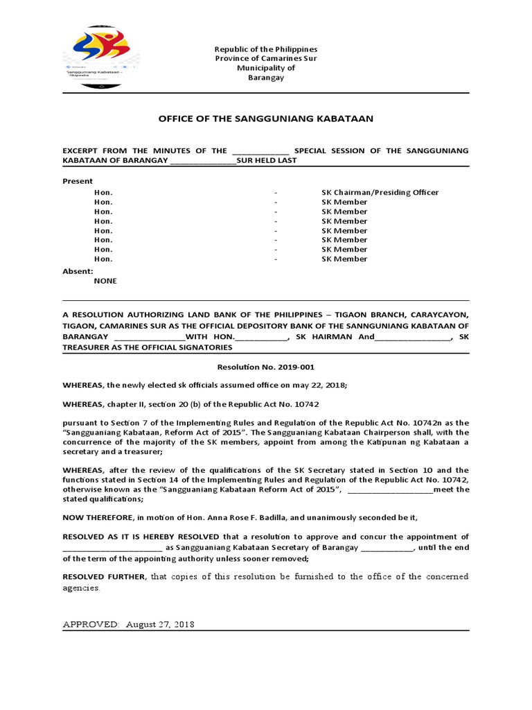 Office of The Sangguniang Kabataan: That Copies of This Resolution Be ...