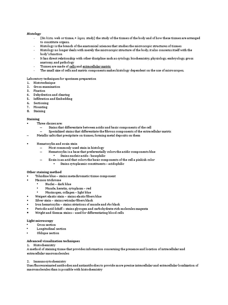HISTOLOGY INTRODUCTION AND CELL Handout | PDF | Staining | Histology