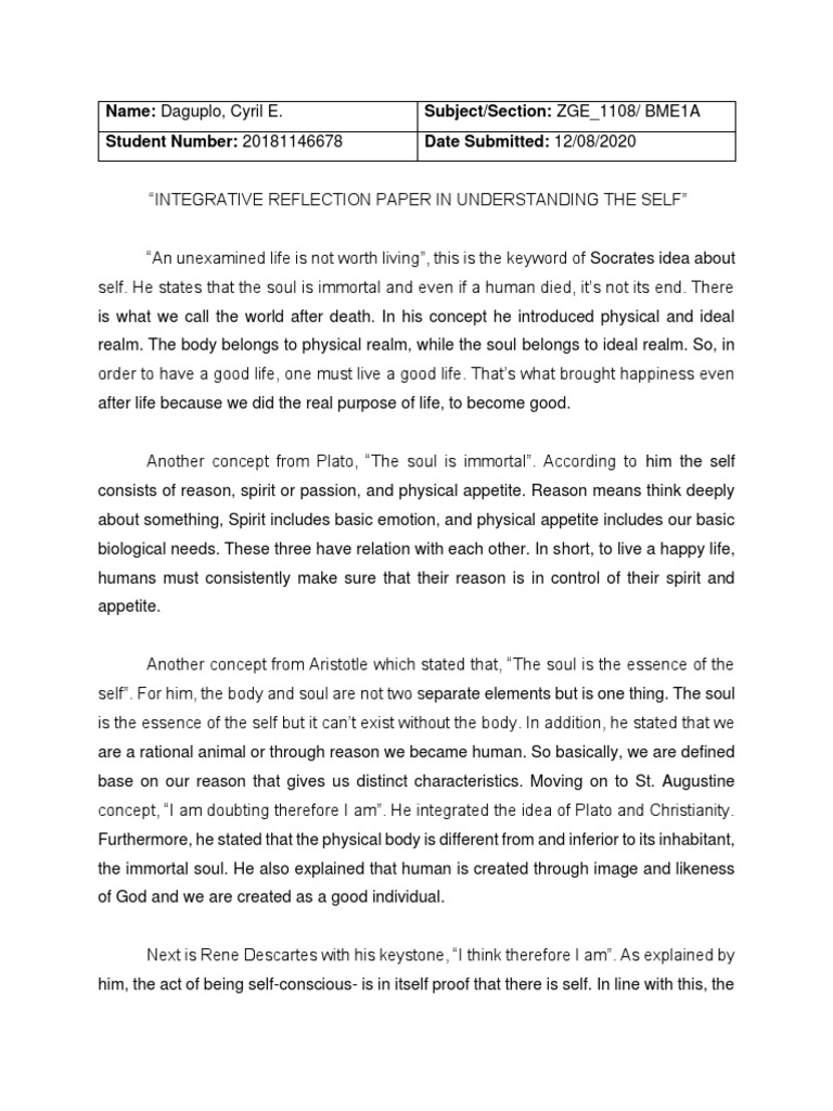 Integrative Reflection Paper in Understanding The Self PDF | PDF | Soul ...