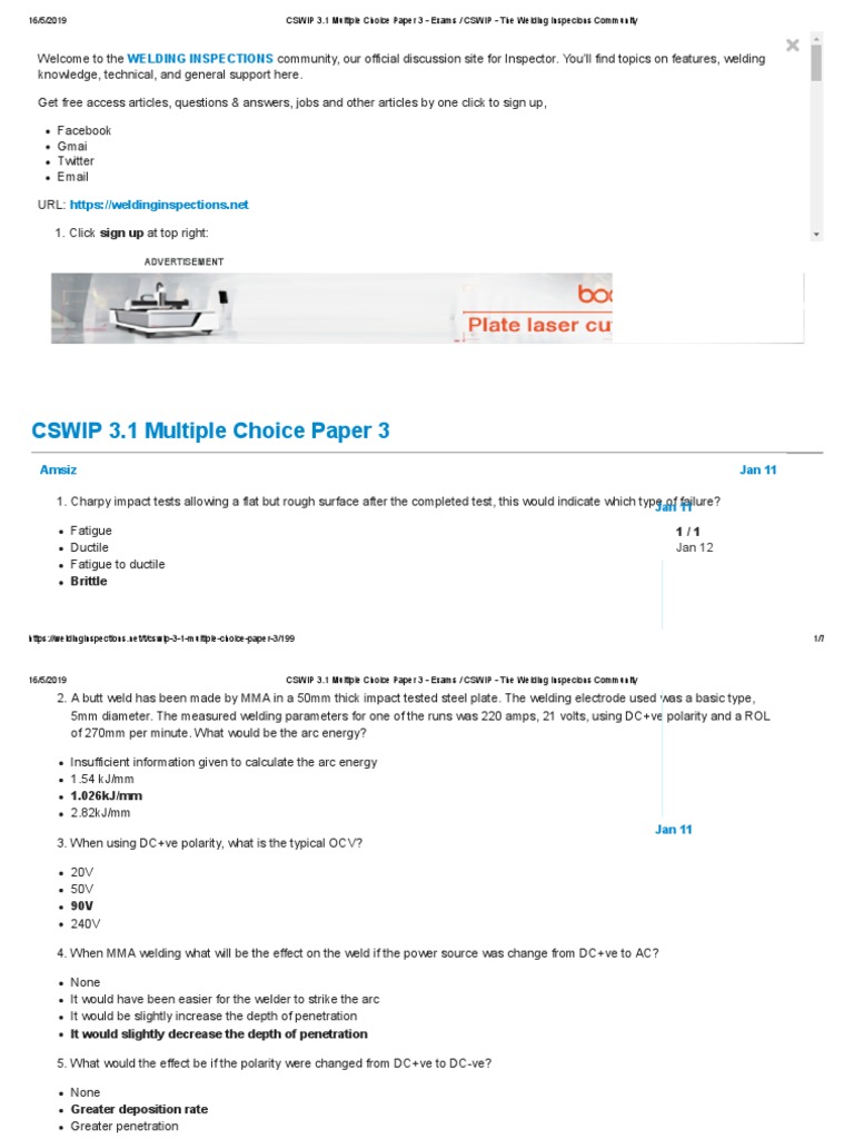 CSWIP 3.1 Multiple Choice Paper 3 - Exams - CSWIP - The Welding ...