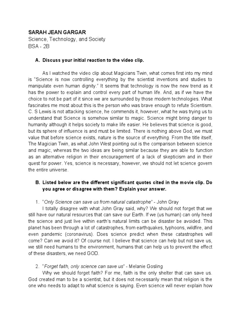 Science, Technology, and Society Bsa - 2B: Sarah Jean Gargar | PDF | Science | God