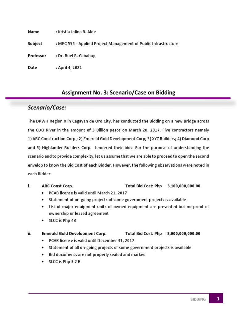 Assignment No. 3: Scenario/Case On Bidding | PDF | Economies | Business
