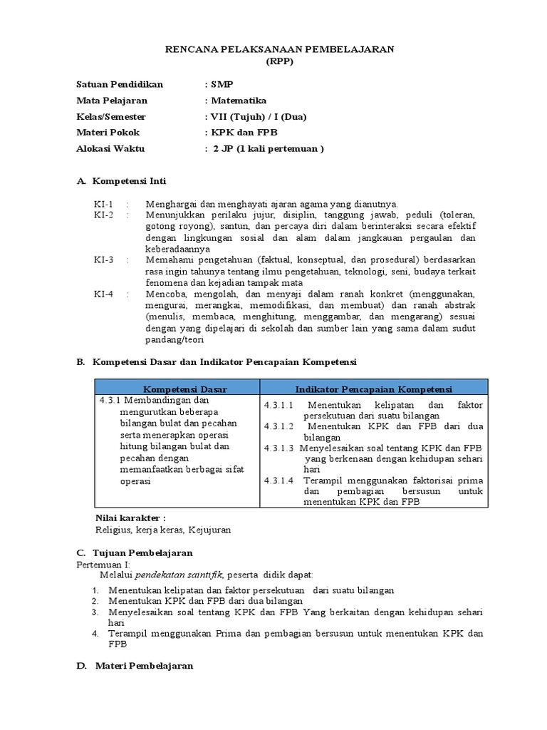 RPP - MTK - SMP - KPK Dan FPB | PDF