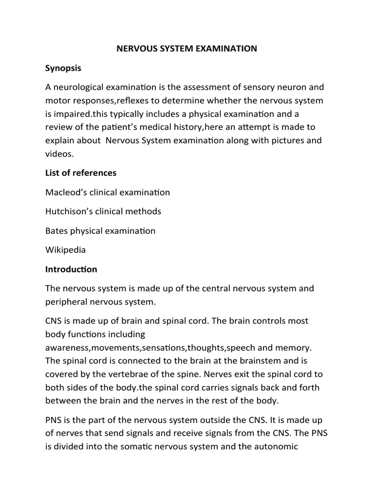 Nervous System Examination Synopsis | Download Free PDF | Nervous ...