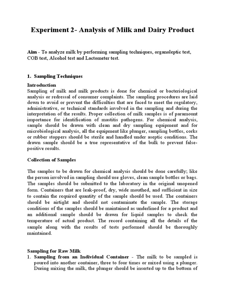 Experiment 2-Analysis of Milk and Dairy Product | PDF | Milk | Chemical ...