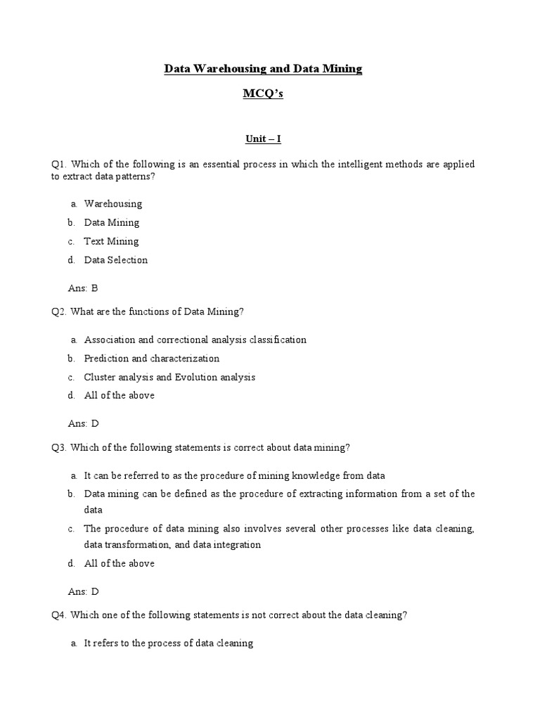 Data Warehousing and Data Mining MCQ'S: Unit - I | PDF | Statistical Classification | Data Mining