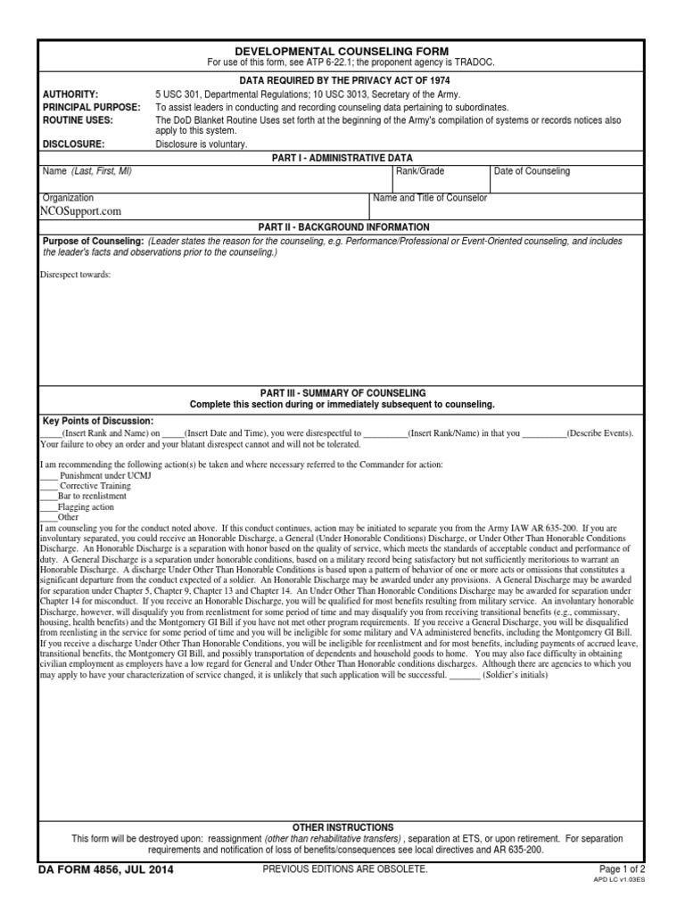 Developmental Counseling Form: The Leader's Facts and Observations ...