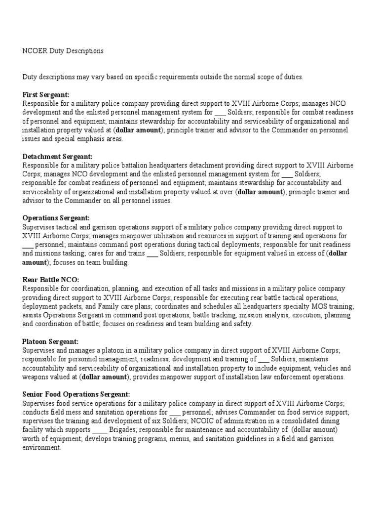 Tab F Duty Descriptions | PDF | Military Police | Sergeant