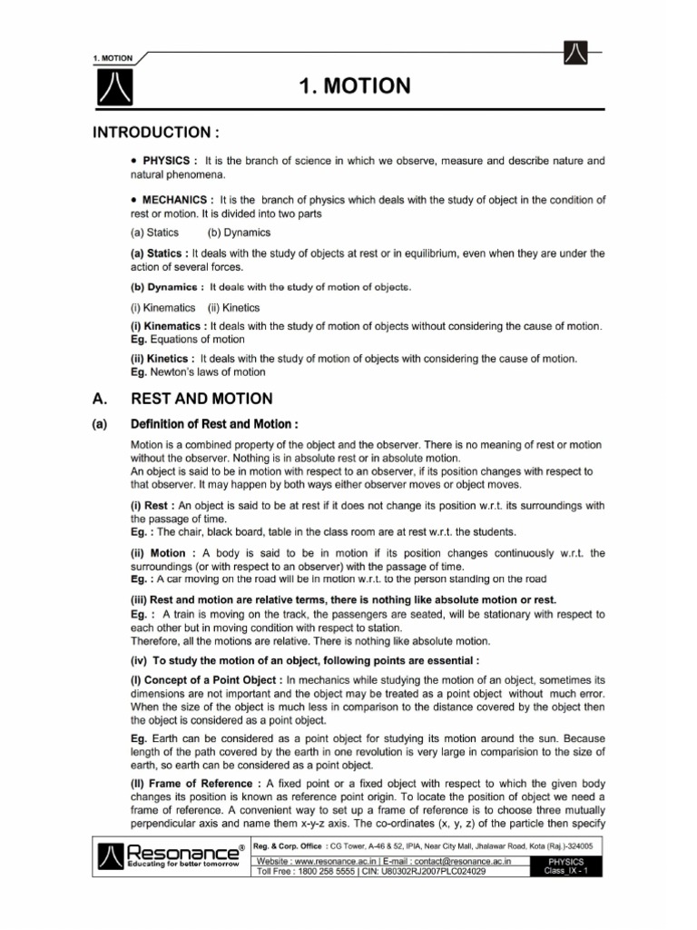 1.motion Class Ix | PDF