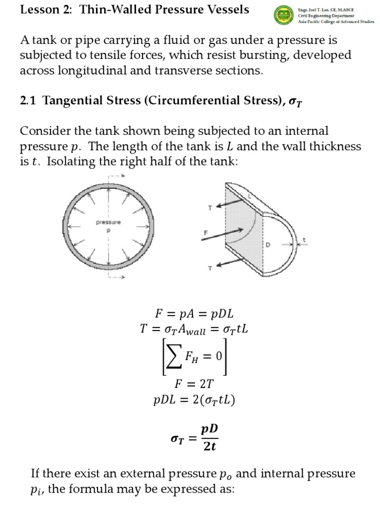 MDB Lesson 2 Thin Walled Pressure Vessels | PDF | Stress (Mechanics ...