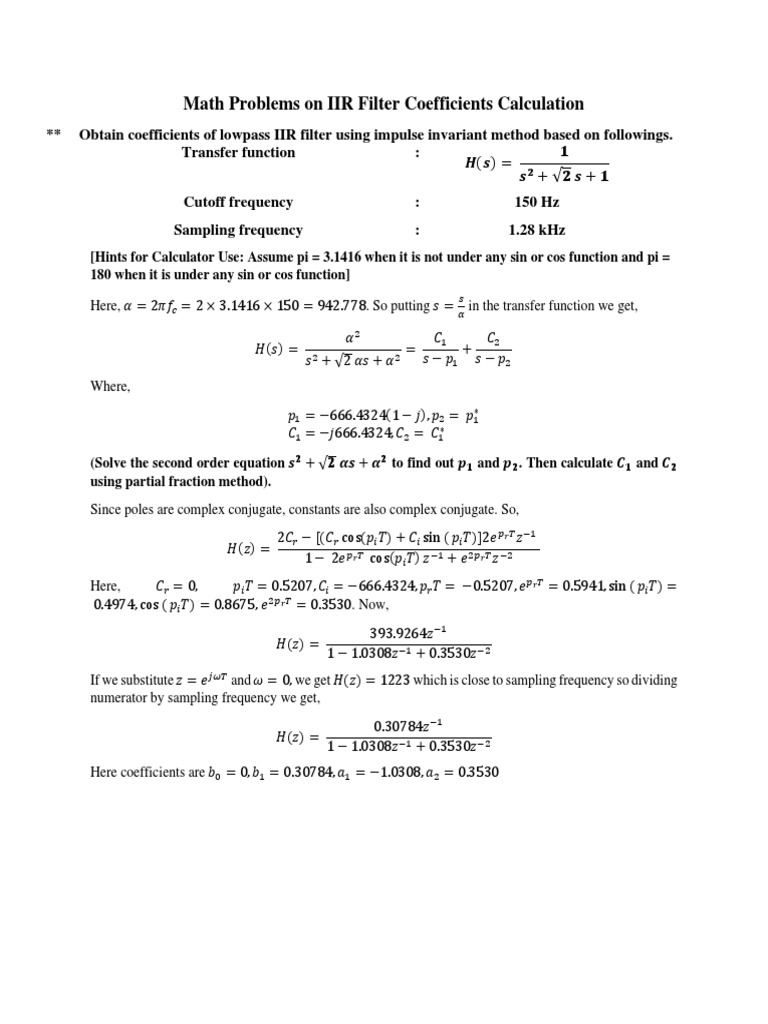 IIR Filter Coefficient Calculation | PDF | Low Pass Filter | Algorithms